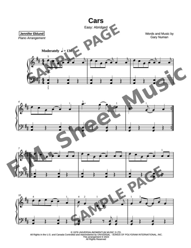 Cars (Easy Piano) By Gary Numan - F.M. Sheet Music - Pop Arrangements by Jennifer Eklund